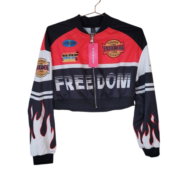 SHEIN | Jackets & Coats | Shein Icon Freedom Letter Fire Print Crop ...